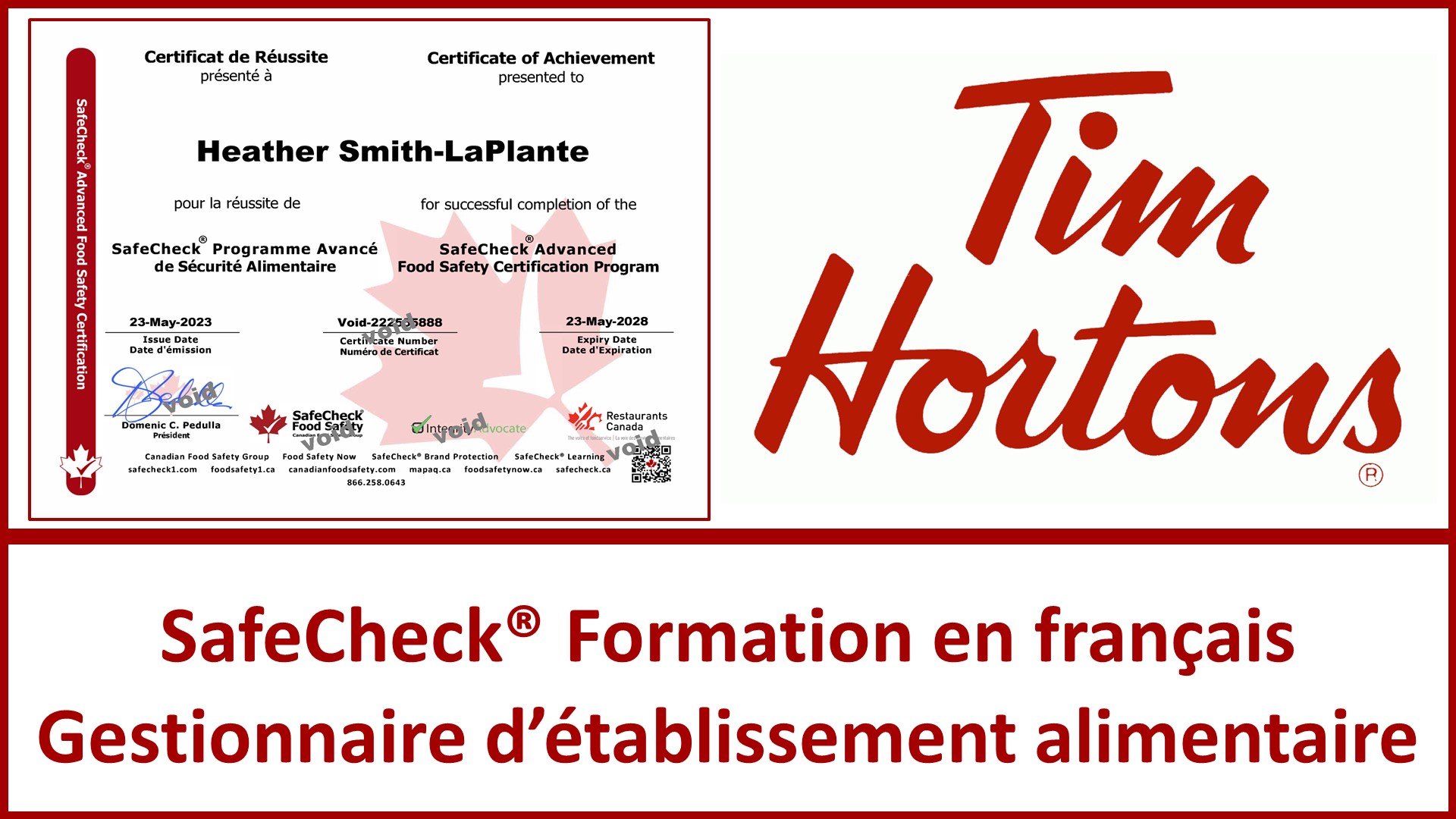 Certification de gestionnaire d’aliments – SafeCheck® Avancée – Comprend un examen – Tim Hortons ...